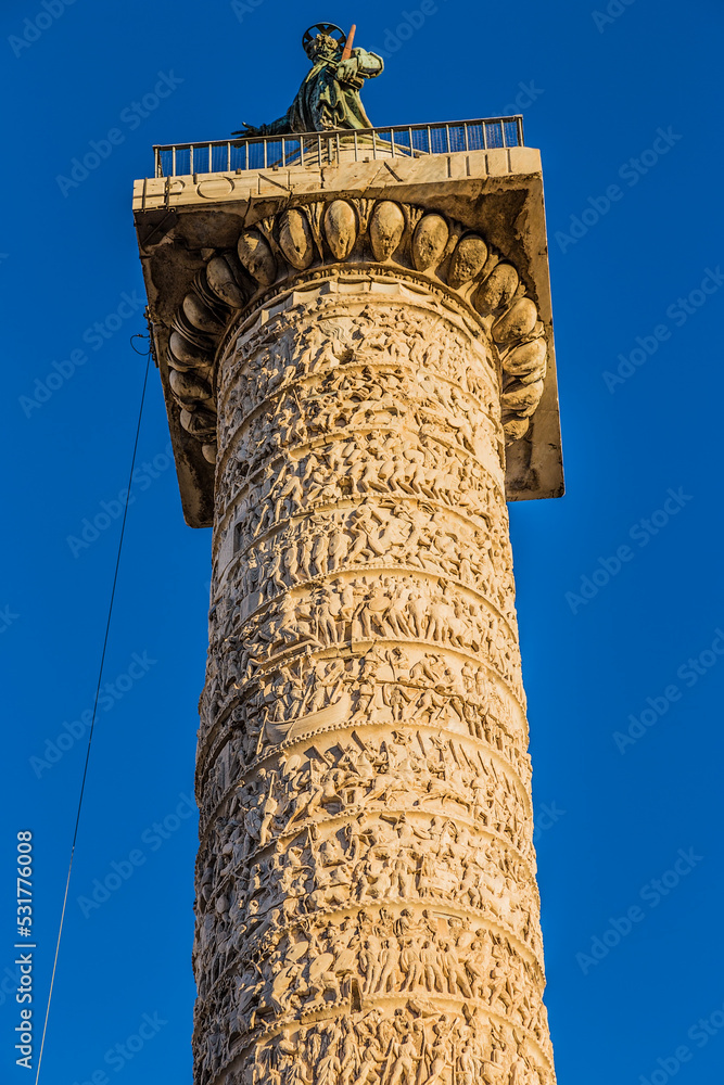 Rome, Italy. The upper part of the column of Marcus Aurelius (176 - 192 ...