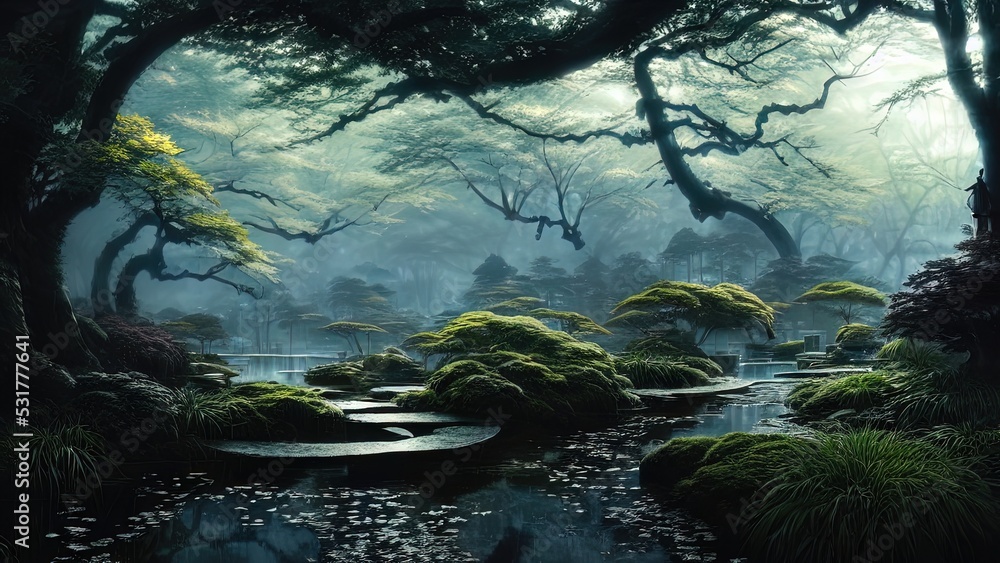 Dark Japanese garden with big old trees, Japanese forest, park. Fantasy ...