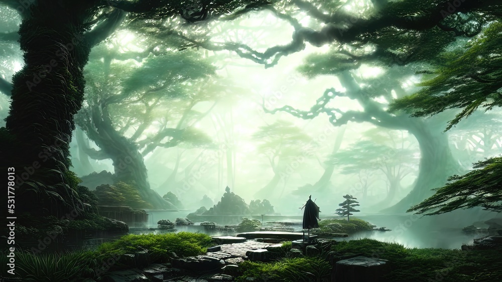 Dark Japanese garden with big old trees, Japanese forest, park. Fantasy ...
