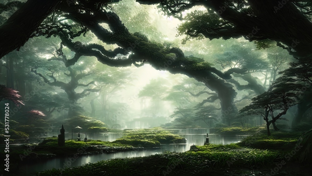 Dark Japanese garden with big old trees, Japanese forest, park. Fantasy ...