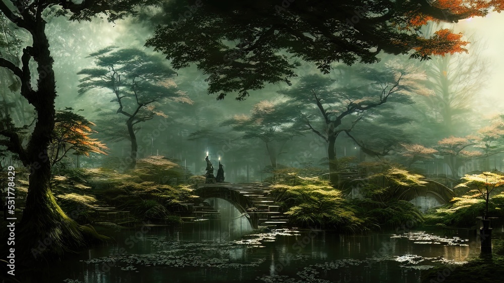 Dark Japanese garden with big old trees, Japanese forest, park. Fantasy ...