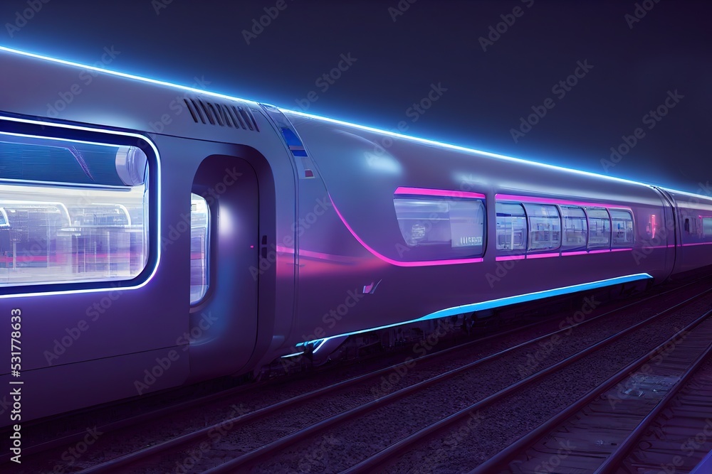 Raster illustration of electric train is on the rails. Station ...