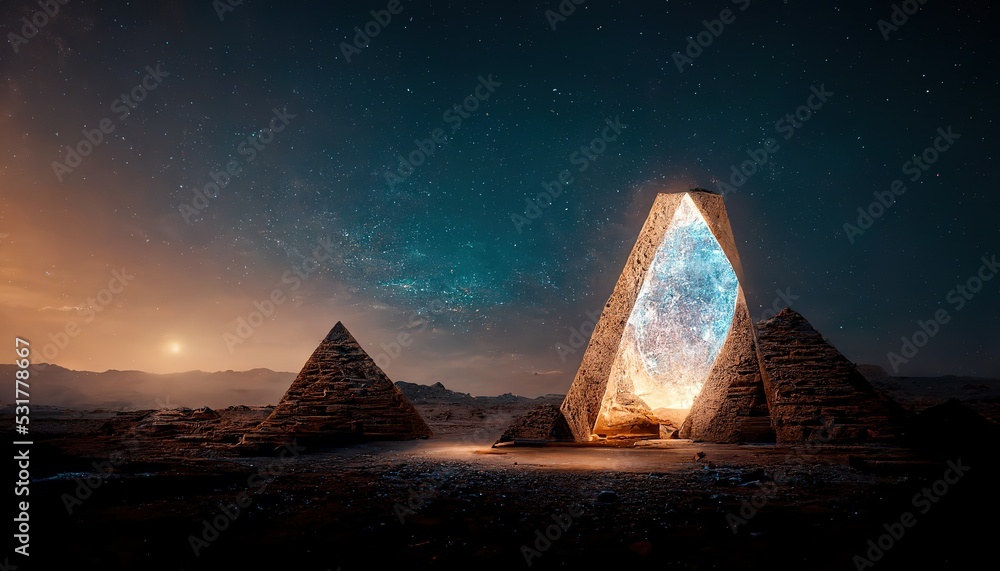 Raster illustration of magical pyramidin the desert. Rock gorge, golden ...