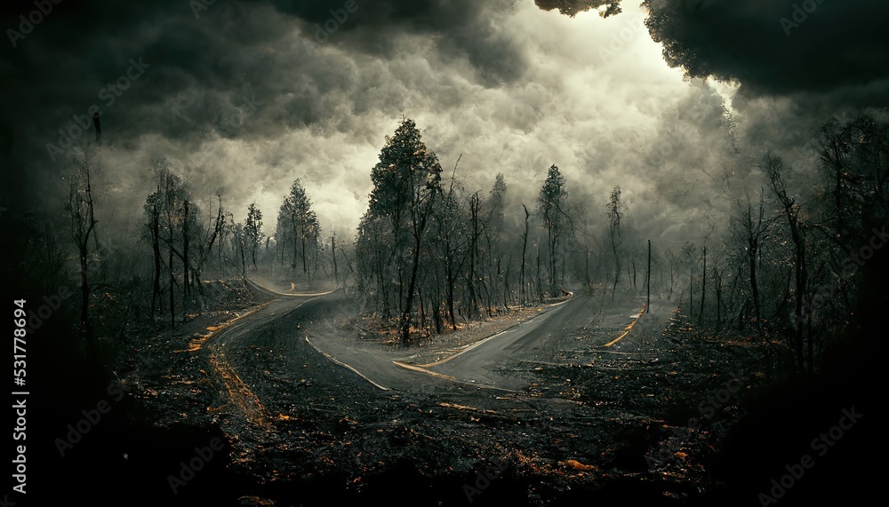 Raster illustration of spooky empty fork in the road in scary forest ...