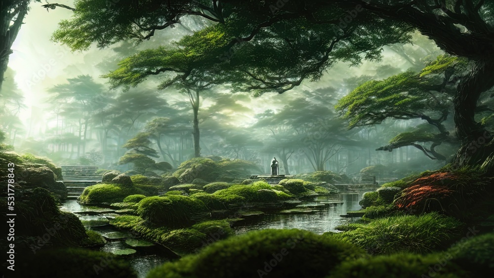 Dark Japanese Garden With Big Old Trees Japanese Forest Park Fantasy Landscape Dense Forest
