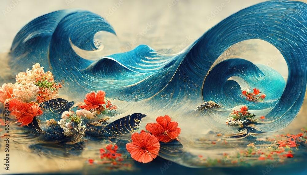 Raster illustration of abstract drawing waves and flower in Asian style ...