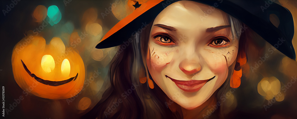Portrait of a happy witch on halloween night. Smiling pumpkin ...
