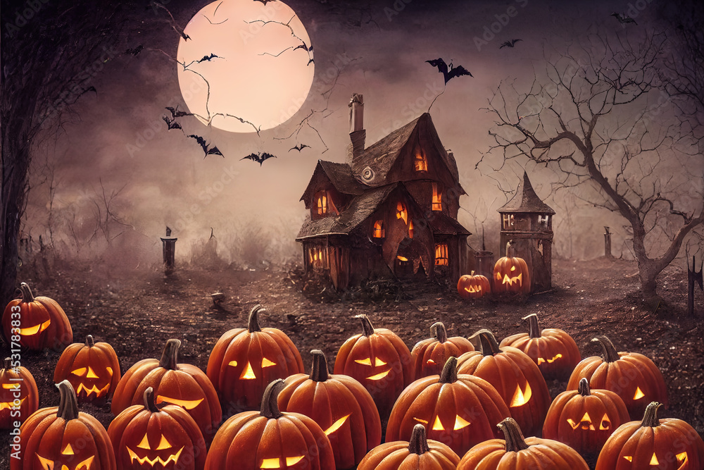 Mysterious house in the middle of night, full moon, pumpkins in ...