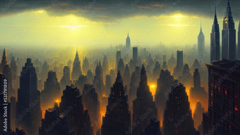 Dark neon city with New York skyscrapers, Light in the windows, neon ...