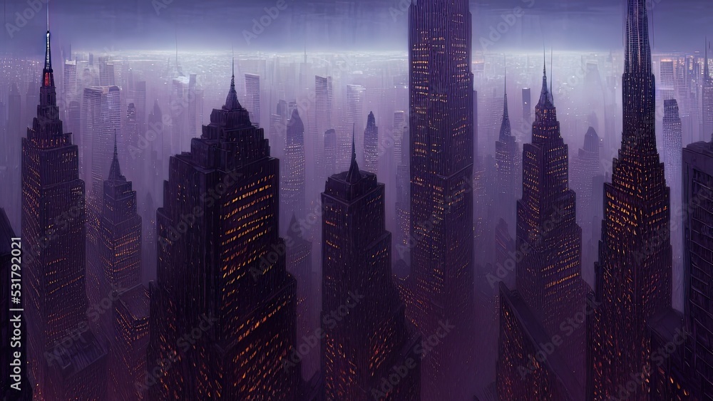 Dark neon city with New York skyscrapers, Light in the windows, neon ...