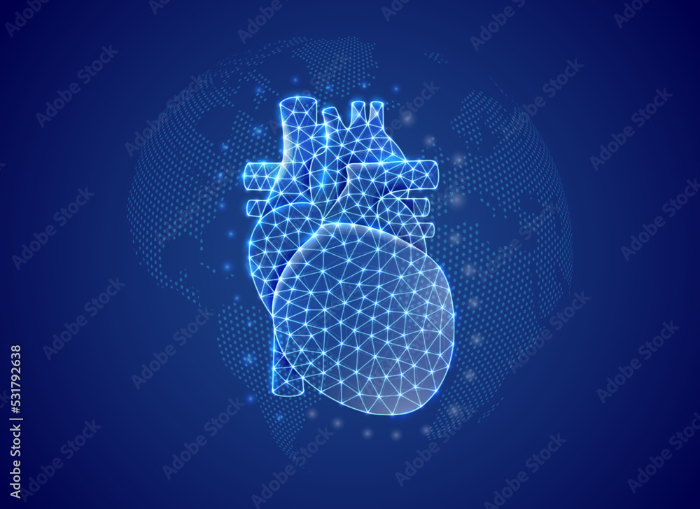 Heart 3d low poly symbol with blue world map background. Cardiology ...
