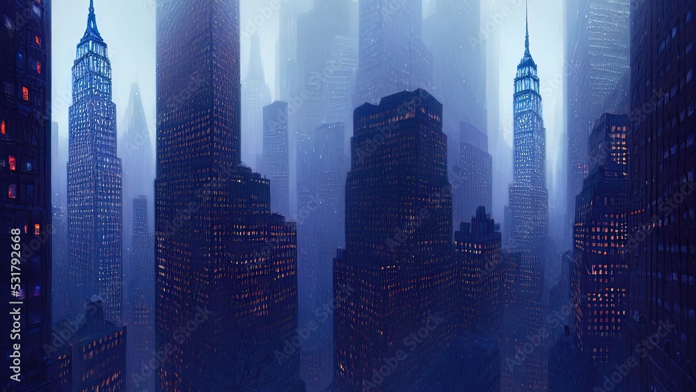 Dark neon city with New York skyscrapers, Light in the windows, neon ...