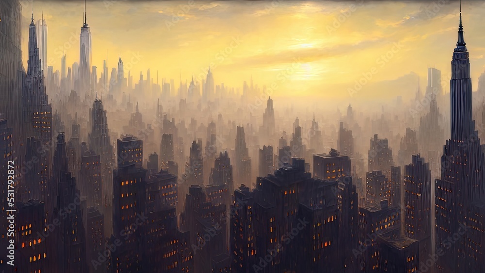 Dark neon city with New York skyscrapers, Light in the windows, neon ...