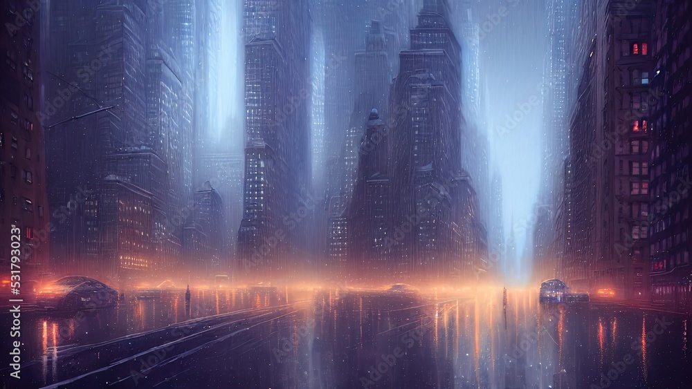 Dark neon city with New York skyscrapers, Light in the windows, neon ...