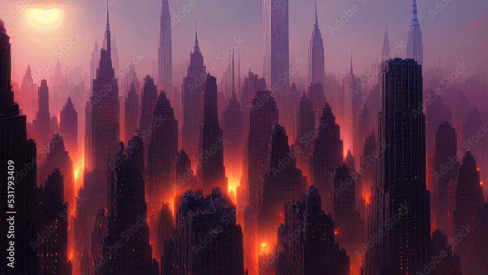 Dark neon city with New York skyscrapers, Light in the windows, neon ...