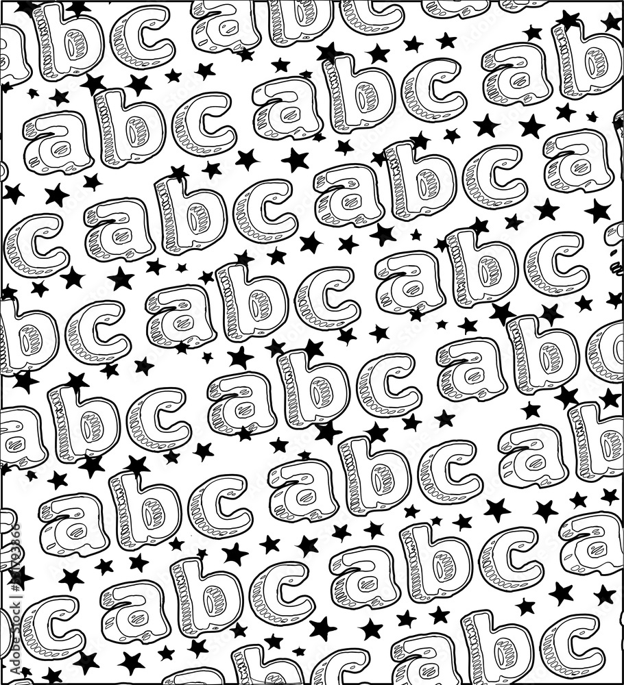 Black colors doodle a, b, c, letters illustration with Black stars ...