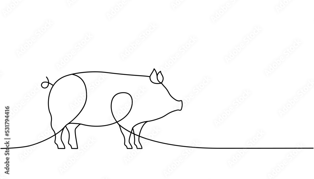 Pig one line continuous drawing. Piggy silhouette. Farm animal ...