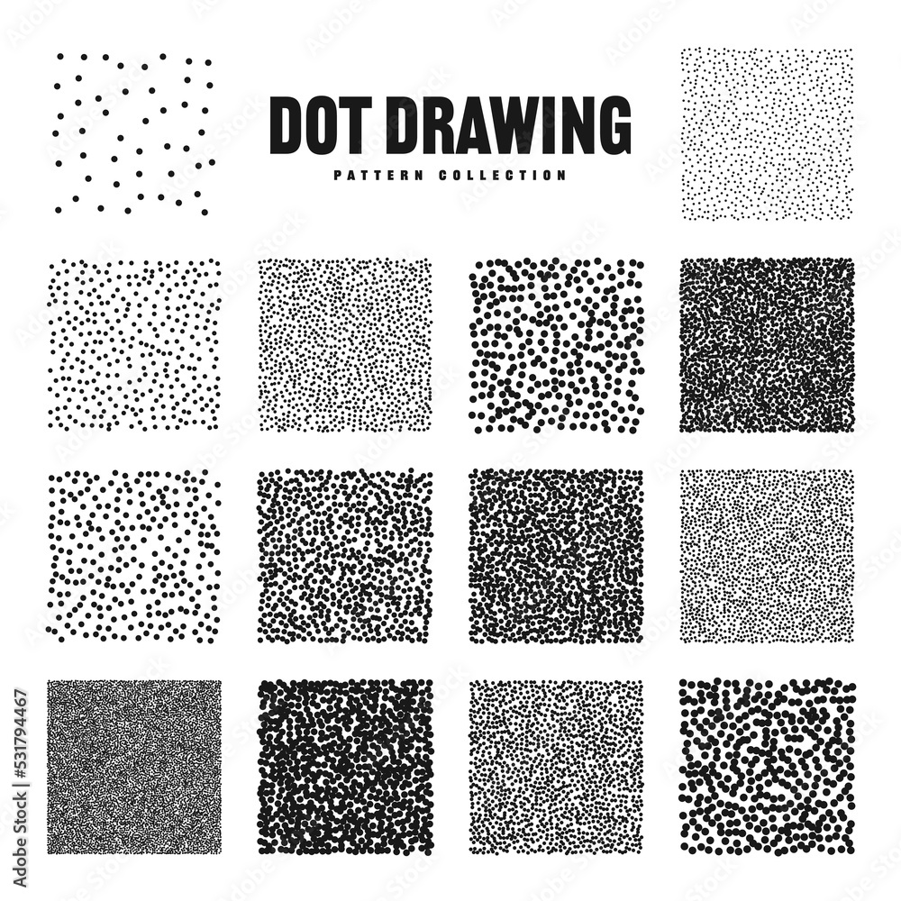 Square shaped dotted objects, stipple elements. Stippling, dotwork ...