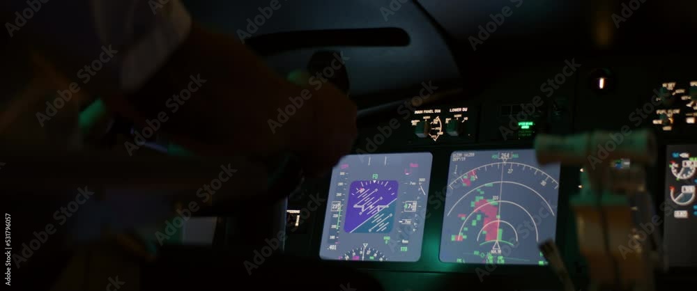 CU on airplane weather radar screen inside the cockpit, aircraft going ...