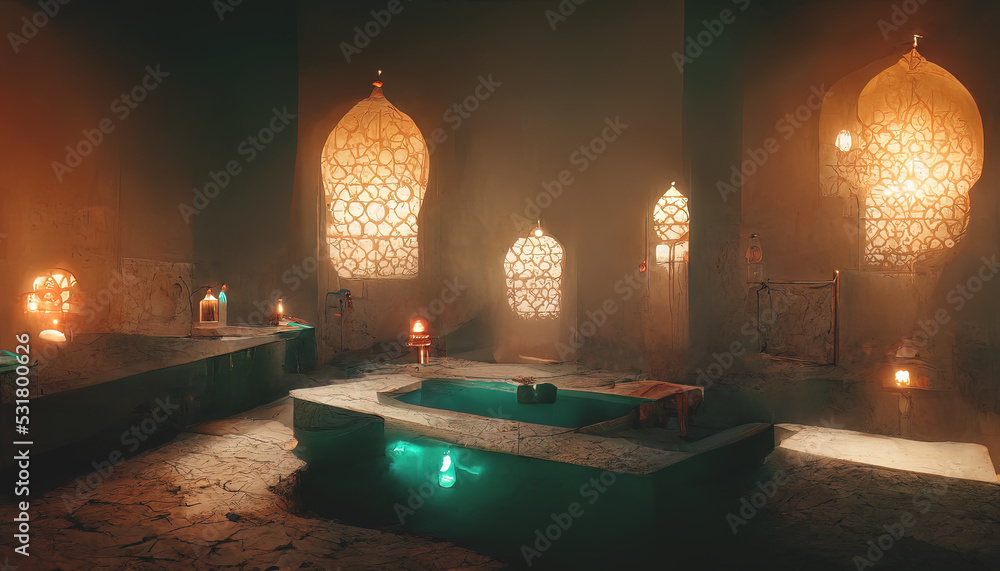 Ancient interior Turkish bath, frescoes on the walls, baths, oriental ...