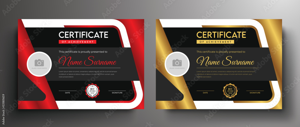 Golden dark black certificate template with photo place holder I red ...