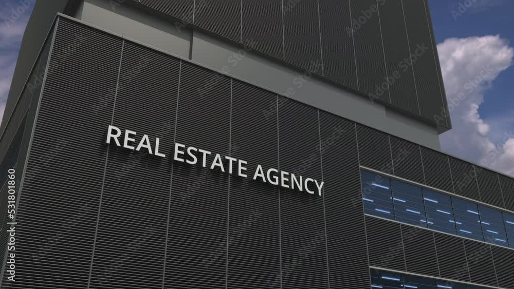 Modern office building with REAL ESTATE AGENCY text. 3d animation Stock ...