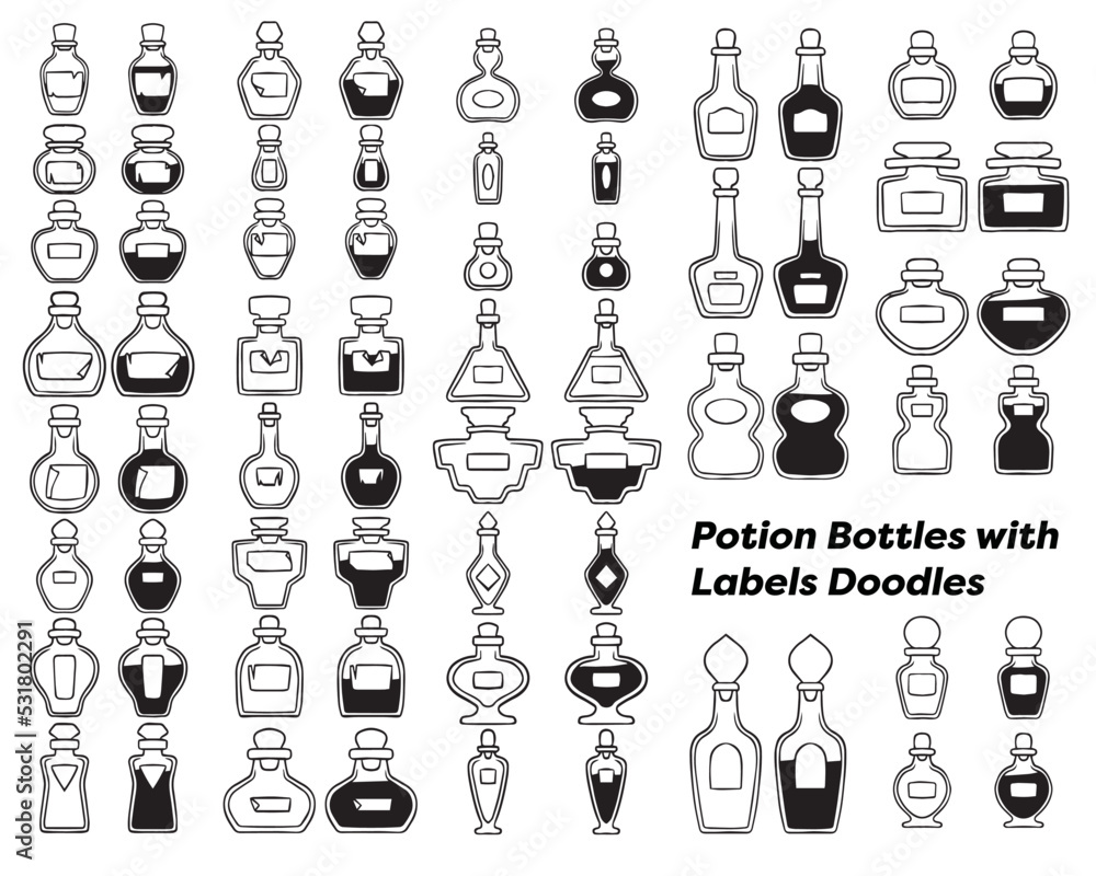Set of Glass Potion Bottles with Labels Doodle Vector Pack Stock Vector ...