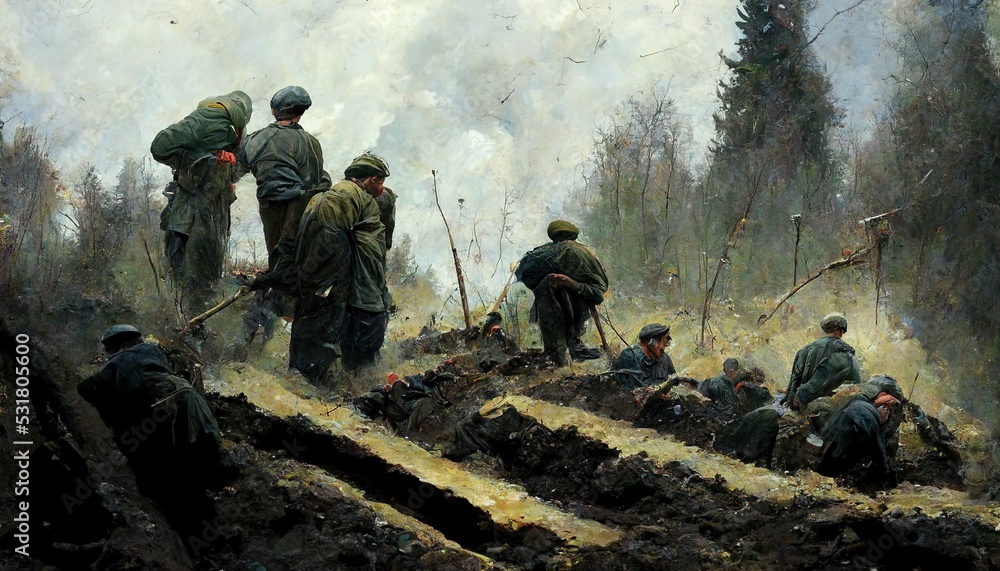 World War II, a dramatic picture of trenches and graves of soldiers art ...
