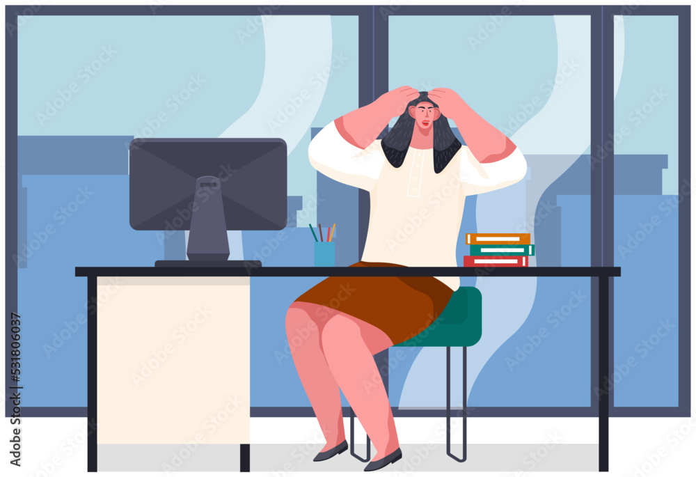 Exasperated woman sitting in office vector illustration. Professional ...