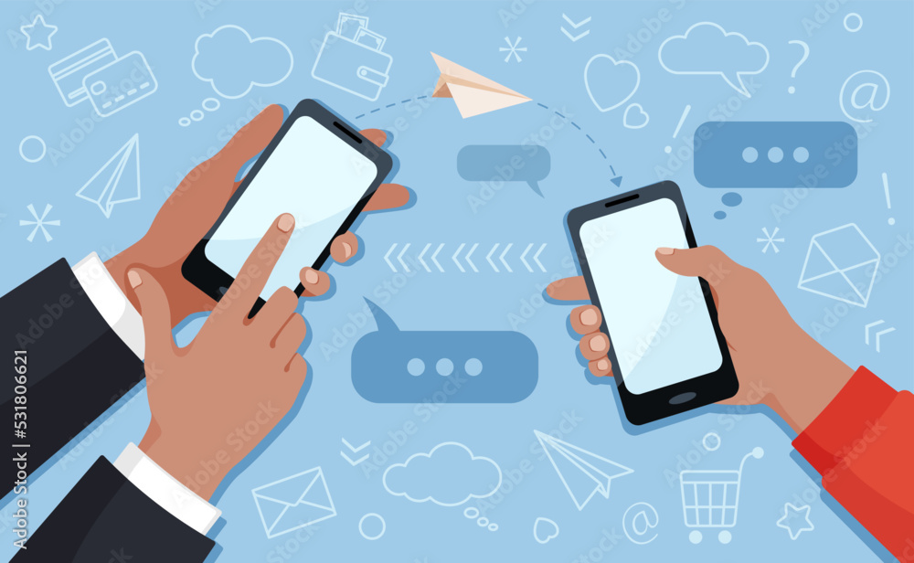 Two hands holding mobile phones with blank screen template ...