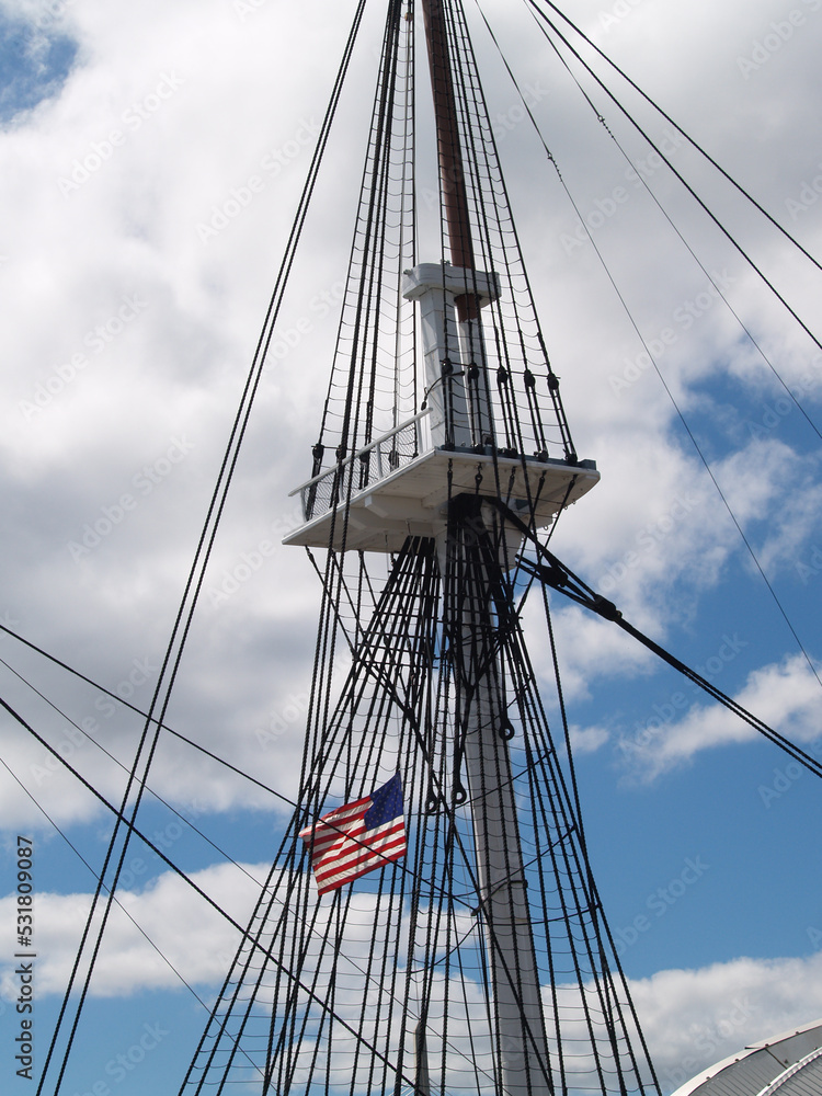Mast Detail USS Constitution With Rigging Lines Blue Sky Clouds Stock ...