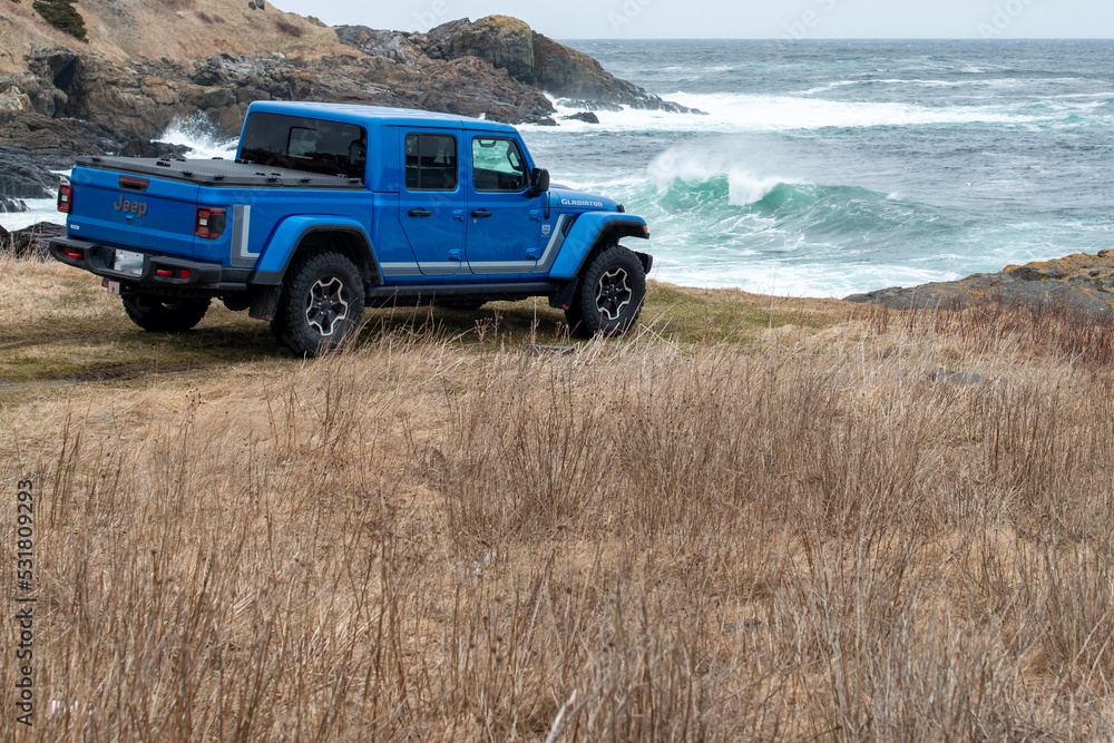 St. John's, Newfoundland, Canada, September 2021: A vibrant blue Jeep ...