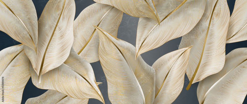 Luxury art background with white tree leaves in gold line art style ...