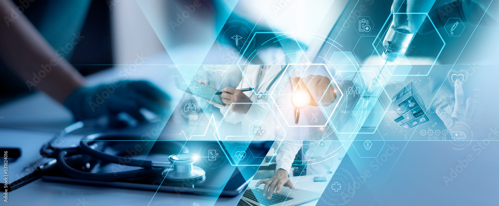 Medicine doctor touching electronic medical record on laptop. Digital ...