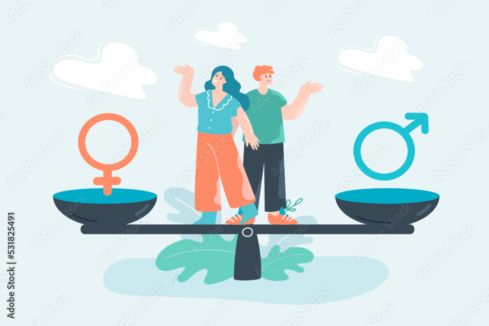 Feminine and masculine symbols balancing on scale. Gender equality flat ...
