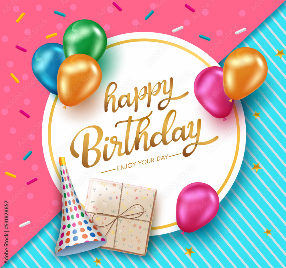 Birthday greeting vector template design. Happy birthday text in circle space with colorful ...