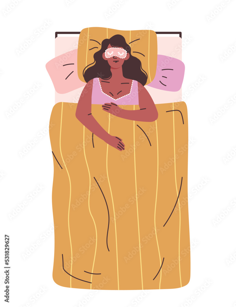 Person sleeping in bed. Girl lies on soft pillow under warm blanket and ...