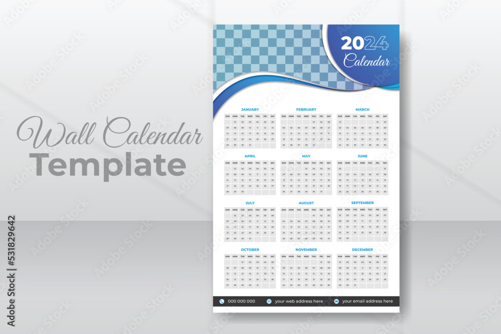 Monthly wall calendar design template for 2024 with abstract purple ...