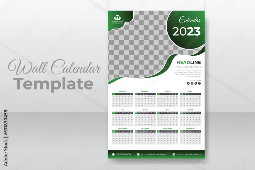 Monthly wall calendar design template for 2023 with abstract green ...