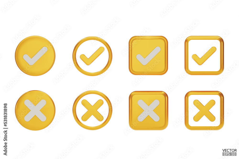 set of 3D gold Checkmark and X mark icon set. Checkmark right symbol ...