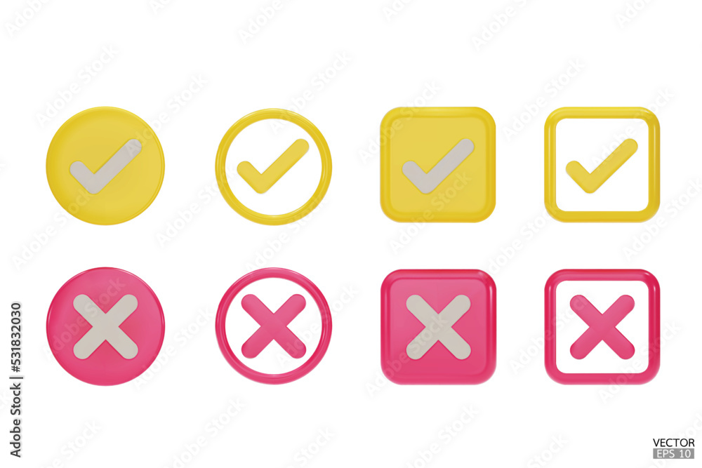 set of 3D Checkmark and X mark icon set. yellow and pink Checkmark ...