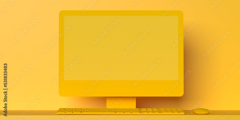Yellow desktop computer remote work background. Back to School 3D ...