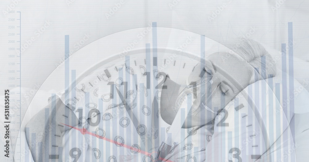 Animation of female patient lying in hospital bed with clock and data ...