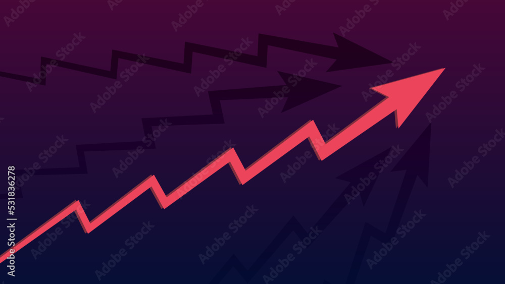 Rising prices and red up arrow with few black arrows on dark purple ...