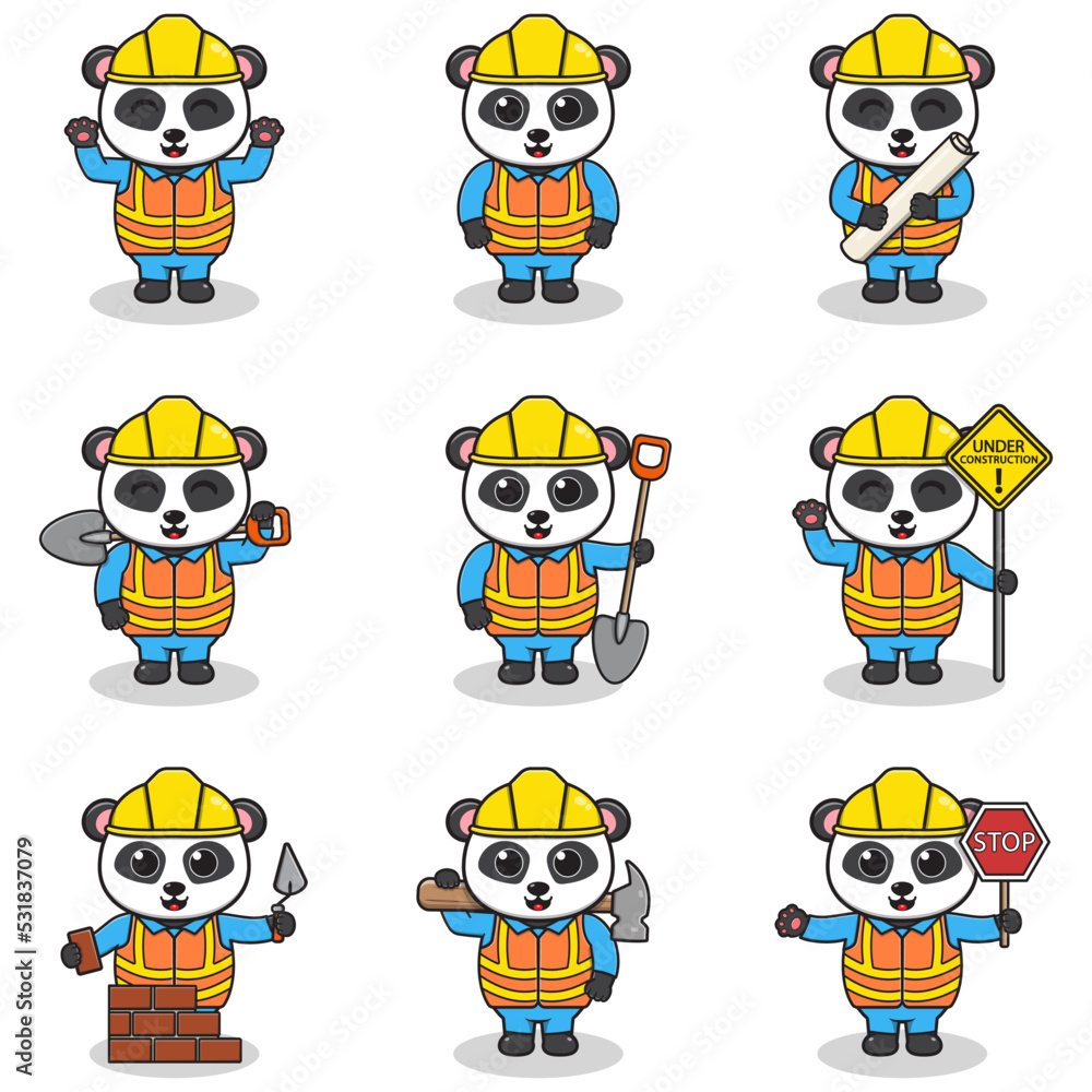 Vector illustration of Panda character at construction site ...
