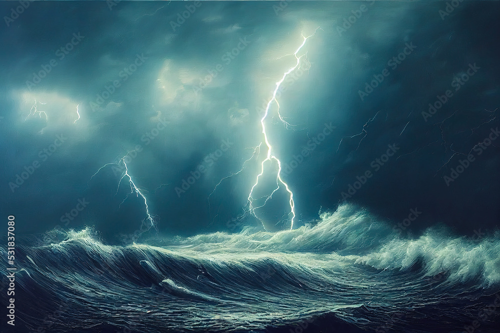 Bright lightning in a raging sea. A strong storm in the ocean. Big ...