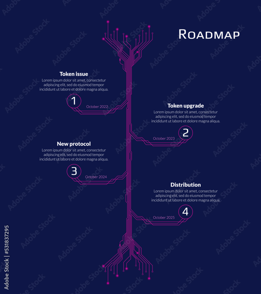 Roadmap for cryptocurrency or digital technology site on dark blue ...