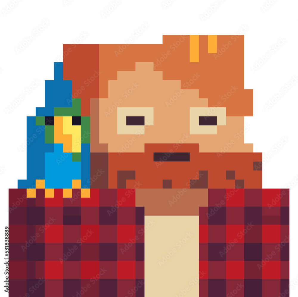 Man with a parrot on his shoulder pixel art style character. Avatar ...