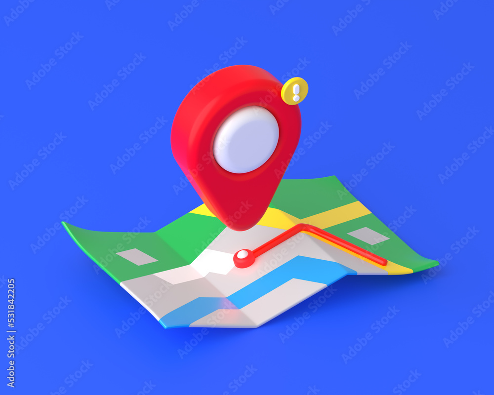 3d render red location pin over map with route line on blue background ...