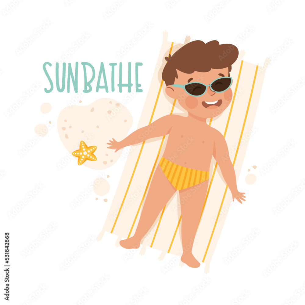 Stockvector Little Boy Sunbathing on Beach Sand Demonstrating ...